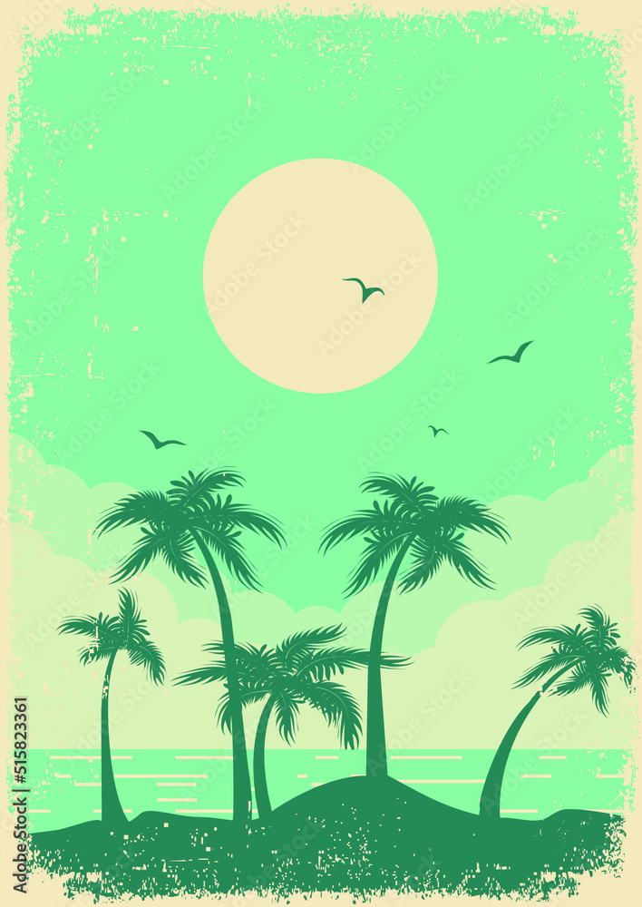 Tropical island vintage old poster blue sky background with palm trees ...