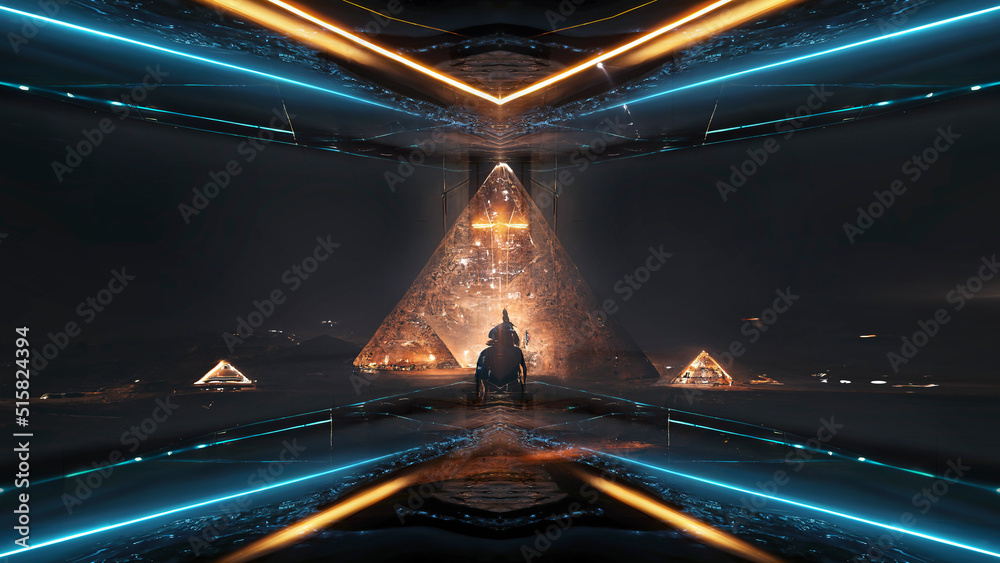 Abstract fantasy night landscape with pyramids, light effects. Night ...