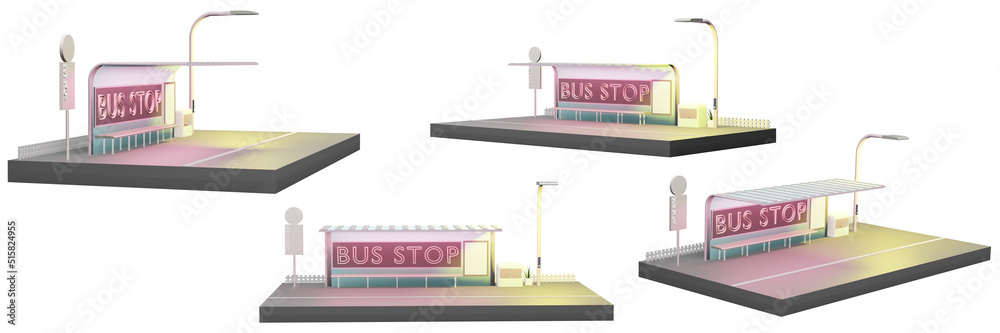 bus stop model cartoon bus station set included 3d illustration ...