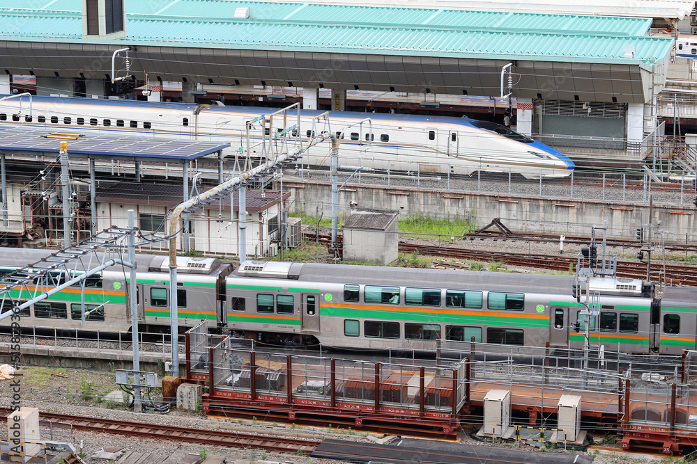 TOKYO, JAPAN - July 7, 2022: Overhead view of a Tokaido Main Line train ...