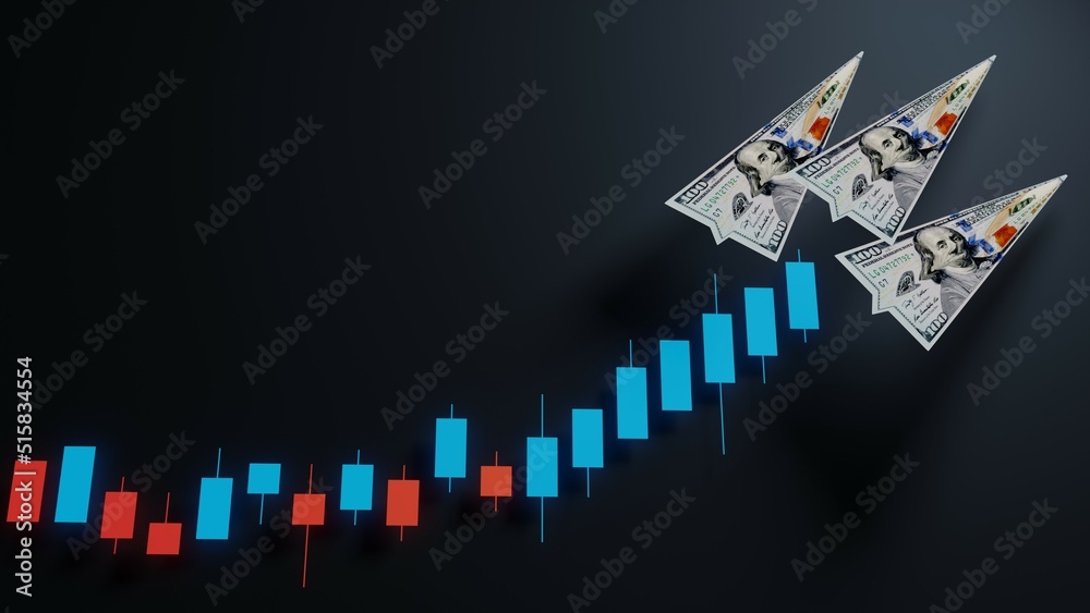Stock Market Chart with Dollar Bill Paper Planes soaring above the ...
