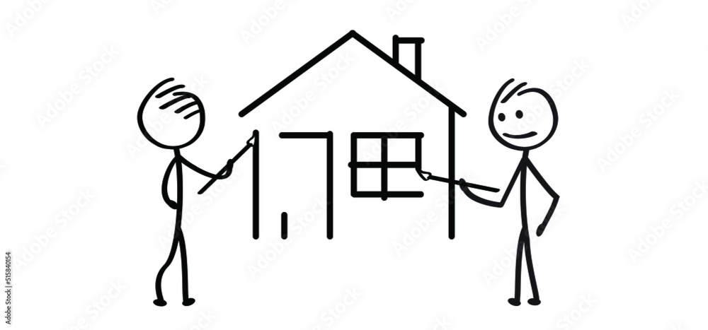 Vetor de Cartoon Stickman, stick figures man draws a dream house ...