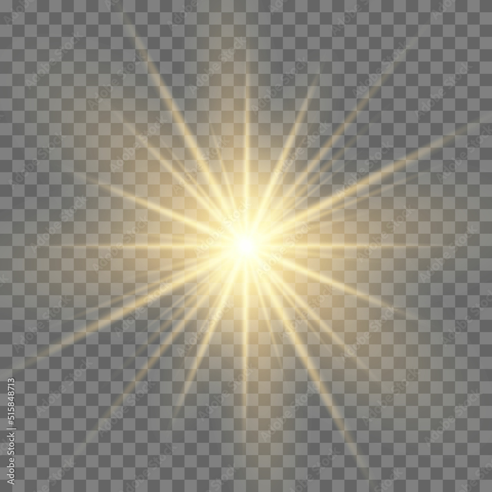 Yellow sun with rays and glow on transparent like background. Contains ...