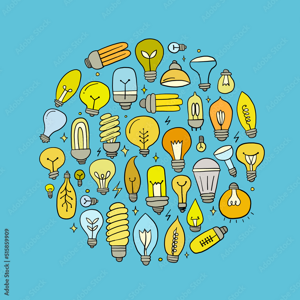 Light bulbs collection. Modern and retro set. Circle background for ...