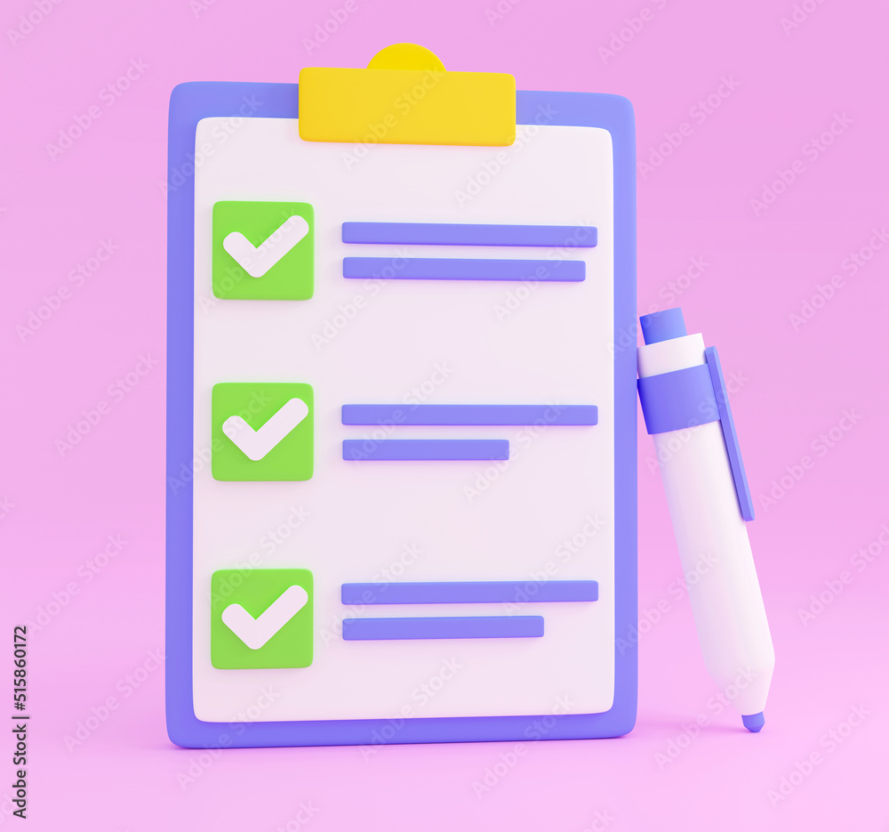 3d checklist on white paper and pen. clipboard with pen. a list of ...