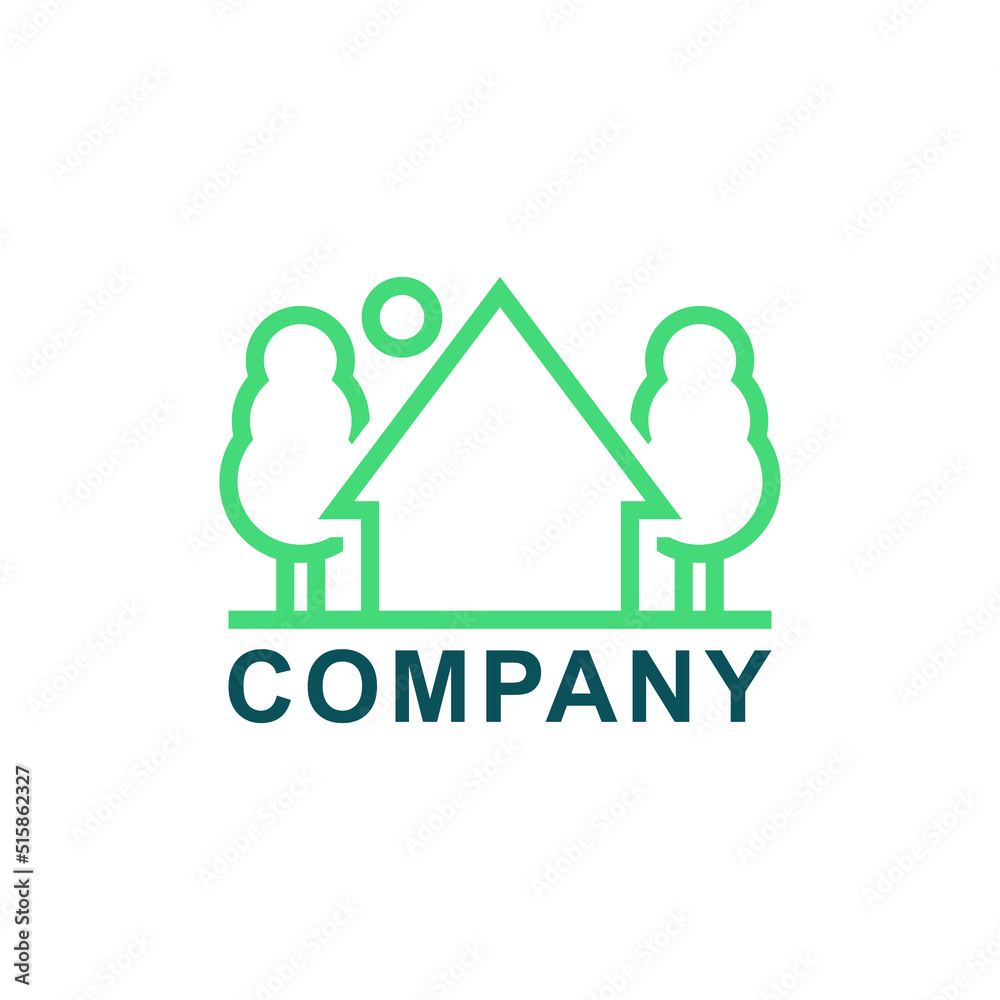 Green logo with country house and landscape. Simple minimal design and ...
