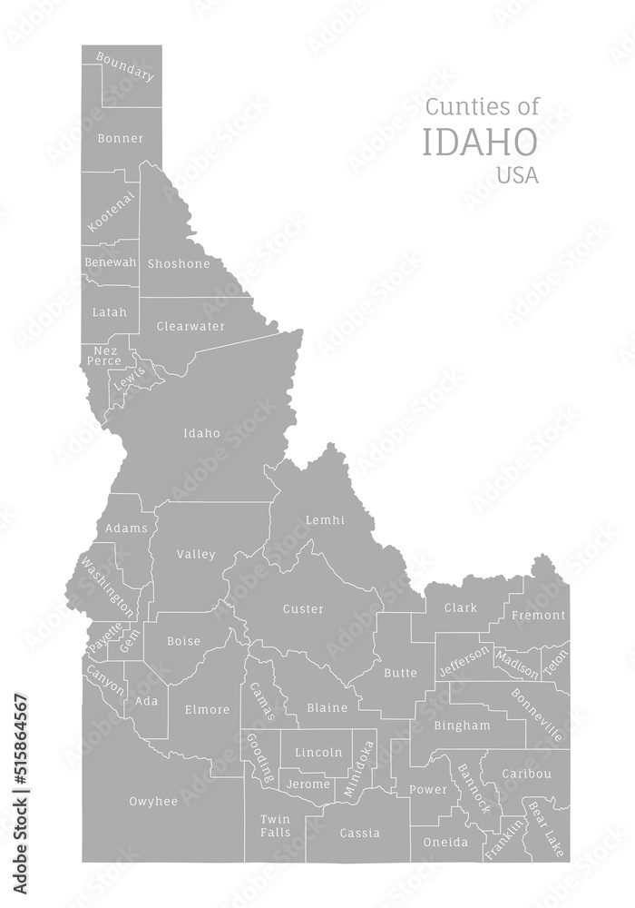 Counties of Idaho USA state highly detailed gray map. Idaho editable ...
