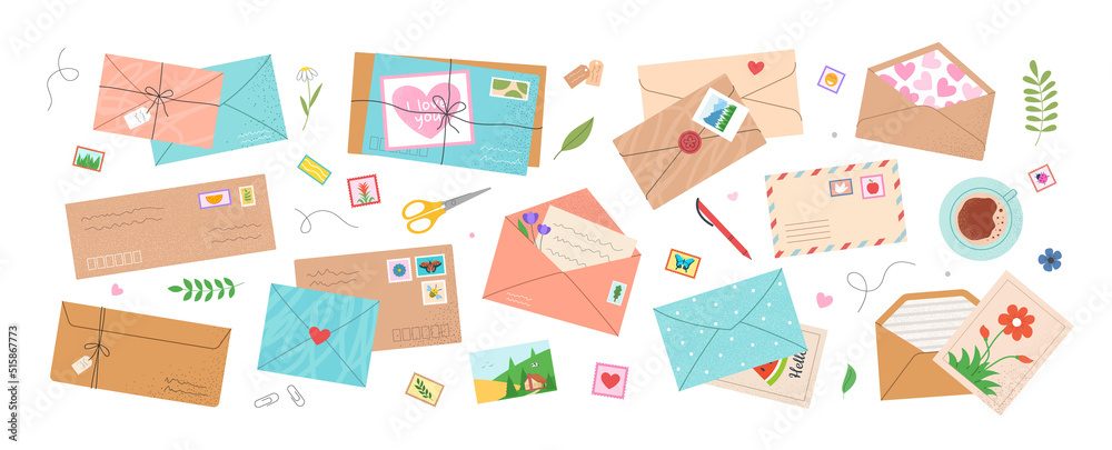 Set of different envelopes. Beautiful craft postcards with postage ...