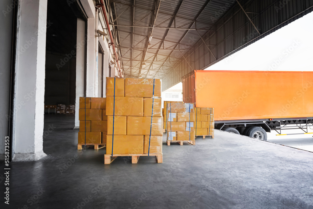 Packaging Boxes Stacked on Pallets Loading into Cargo Container ...