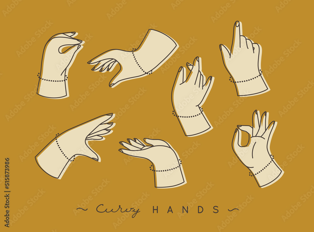 Set of curvy hands with fingers icons in different positions drawing ...