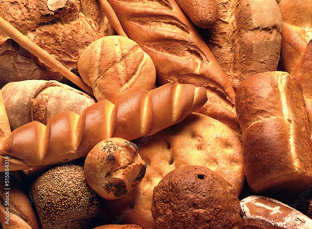 Bread of different types and formats presented in a still life Stock ...