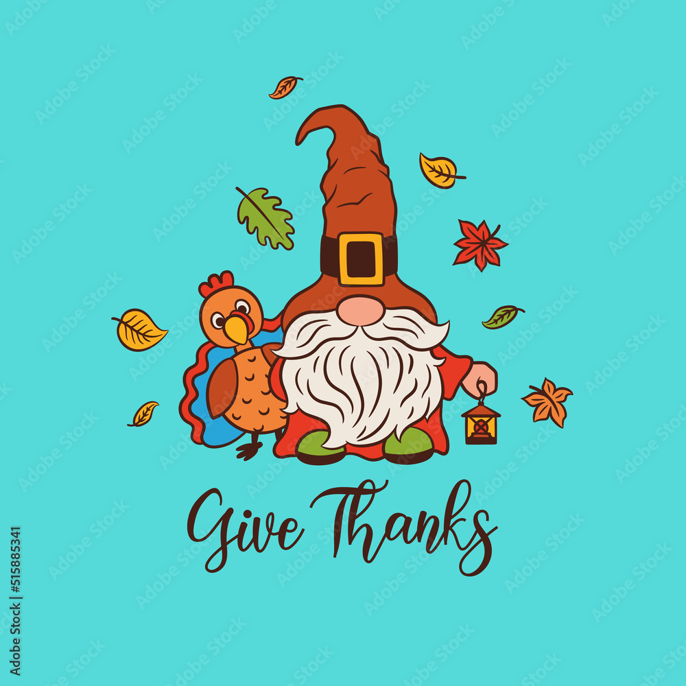 Give thanks card design with cartoon turkey and pilgrin gnome ...