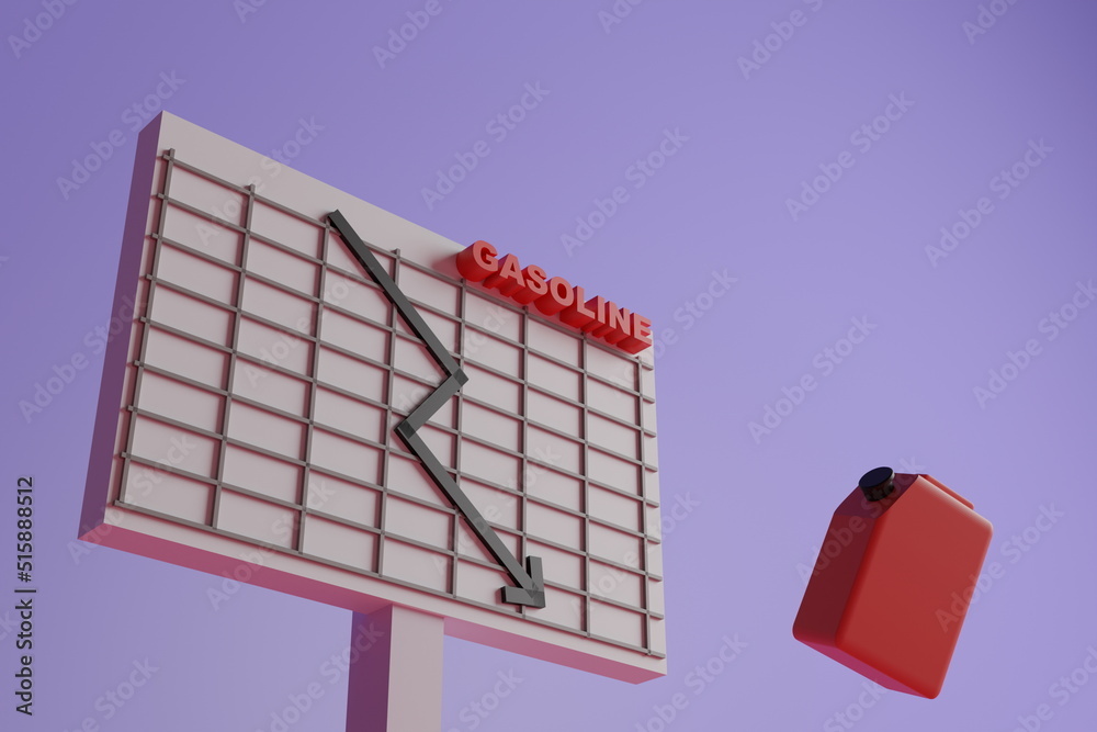 Oil cans and chart chart Gasoline price drop, price drop, concept, 3d ...
