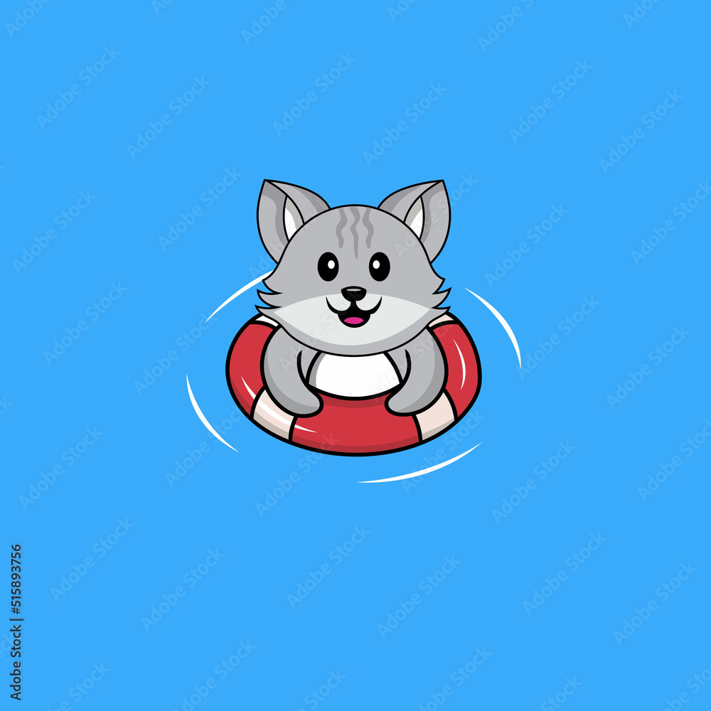 Cute cat is swimming with a buoy. animal cartoon concept isolated ...