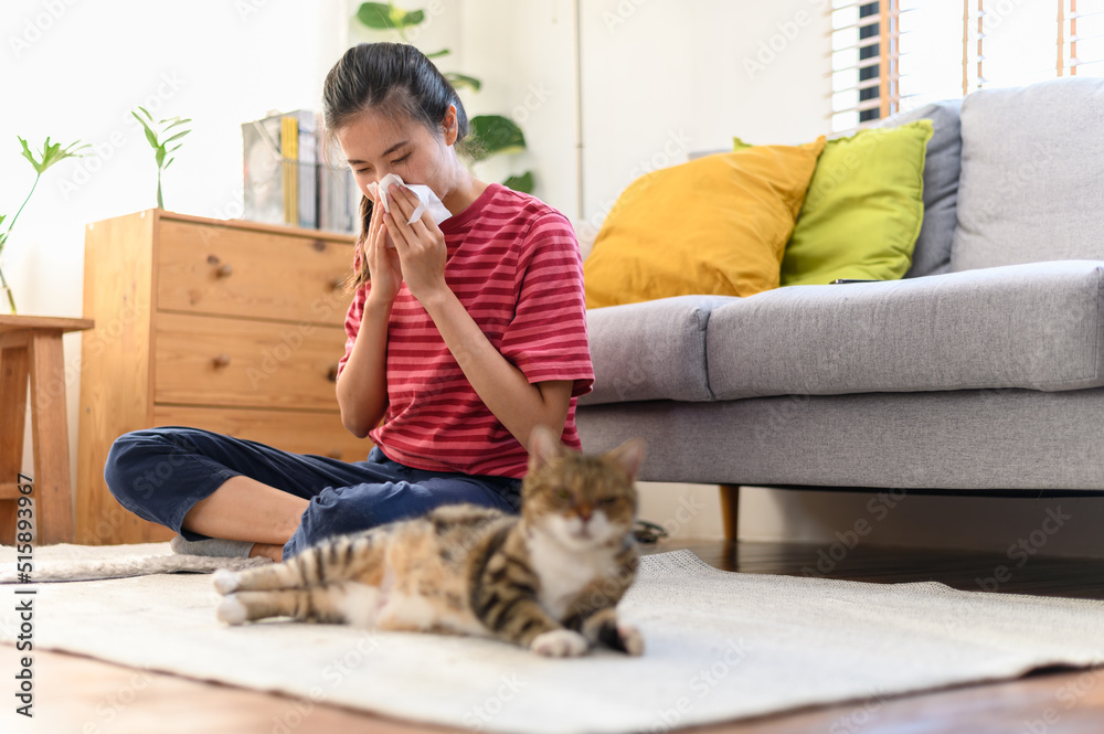 Young Asian woman sneezing which suffering from first symptoms of cat's ...