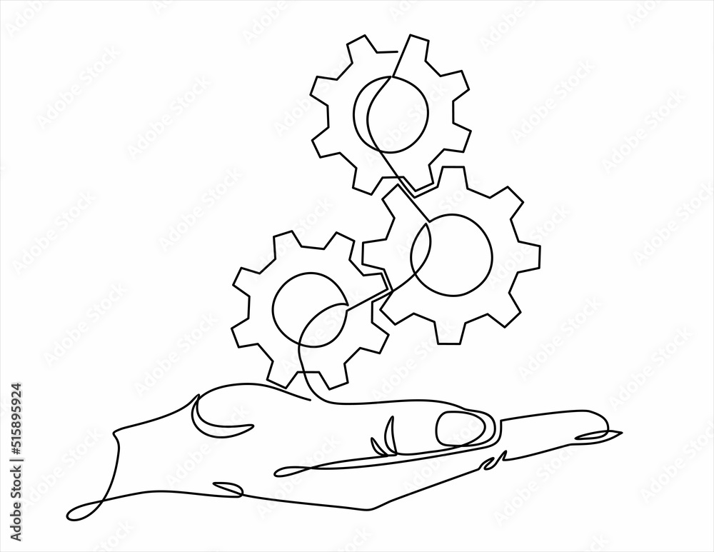 continuous one single line drawing of hand holding gears, tech ...