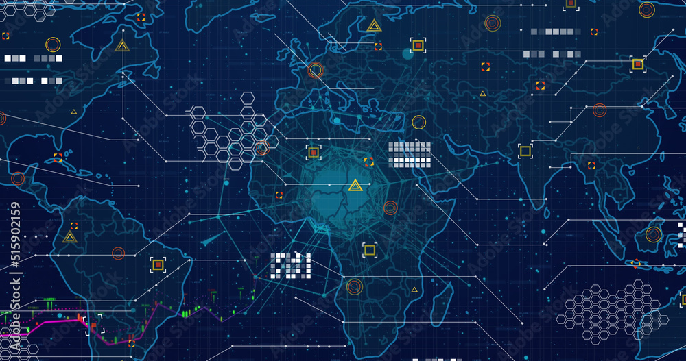 Image of icons, data and world map on navy background Stock ...