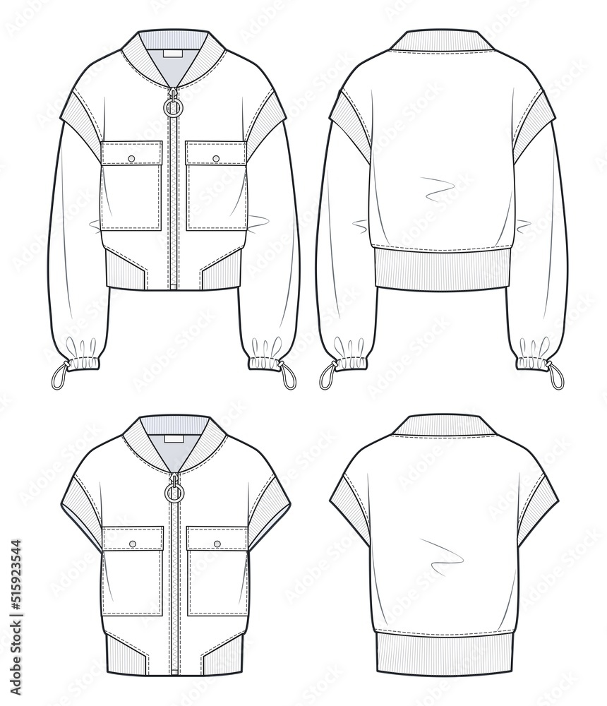 Unisex transformer Bomber Jacket, Vest fashion flat technical drawing ...