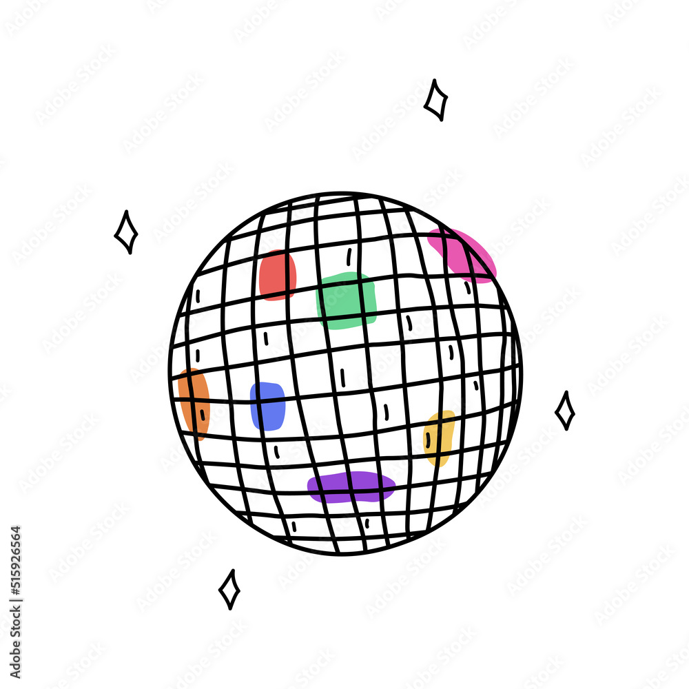 Hand drawn disco ball doodle style, vector illustration isolated on ...