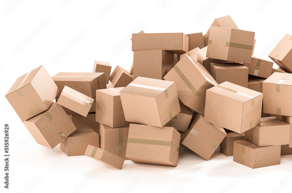 Differently sized cardboard boxes falling. Isolated on white with ...