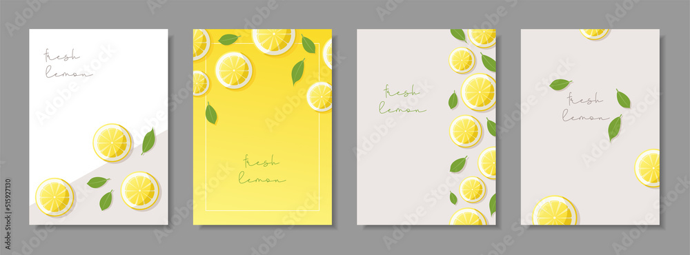 Set of 4 cards with fresh lemon slices. Flyers with citrus fruits in a minimalist style ...