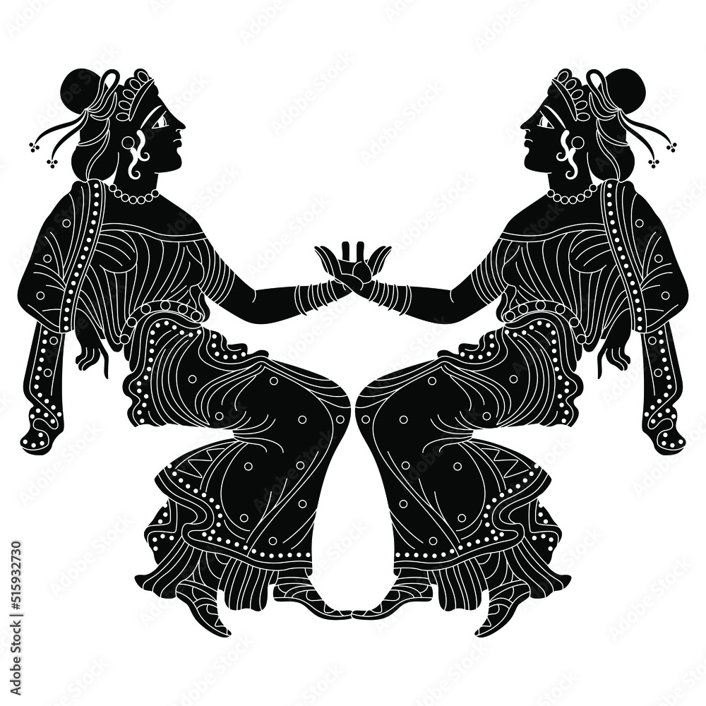Symmetrical design with two sitting ancient Greek women. Vase painting ...