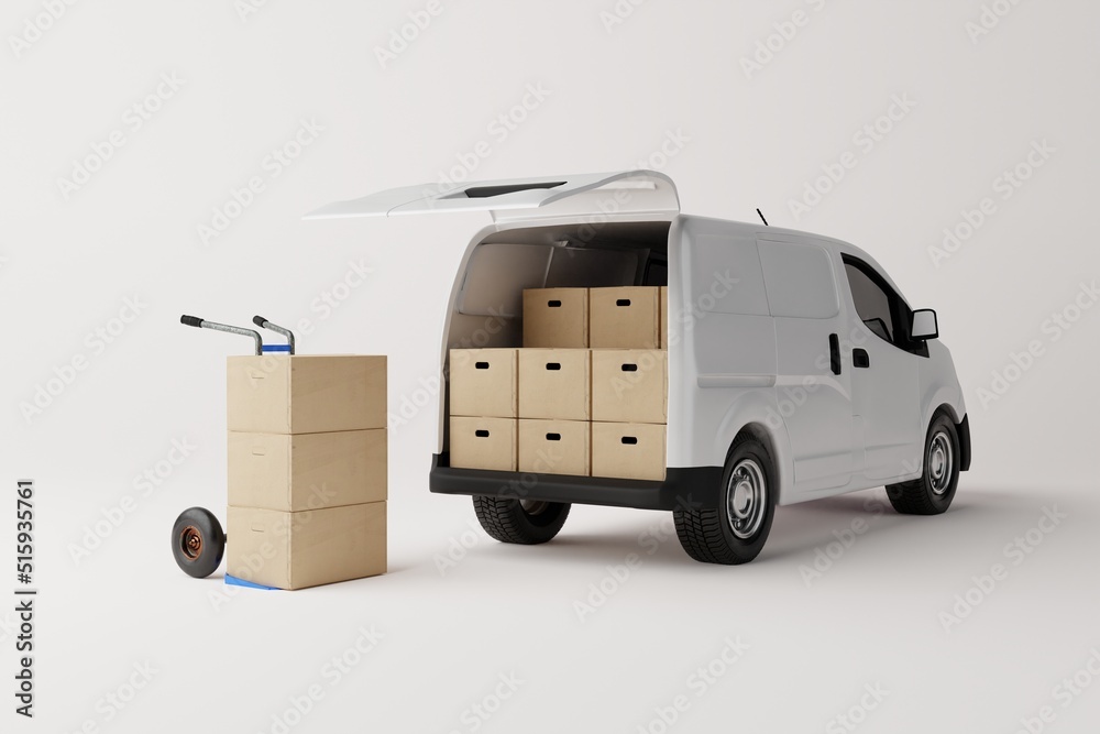 Commercial delivery white van with cardboard boxes on white background ...