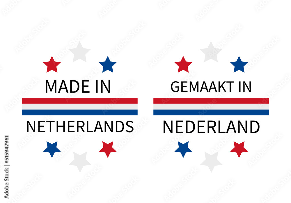 Made in Netherlands labels in English and in Dutch languages. Quality ...