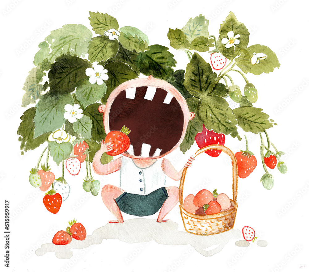 watercolor illustration of boy eating strawberry Stock Illustration ...