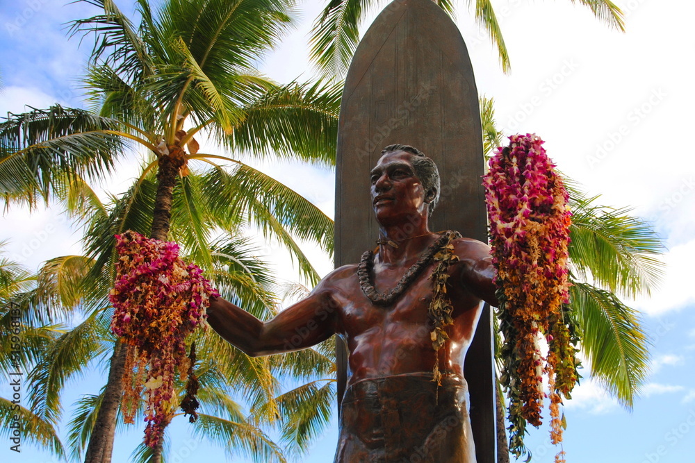 Duke Kahanamoku iconic statue. Duke is considered “The father of modern ...