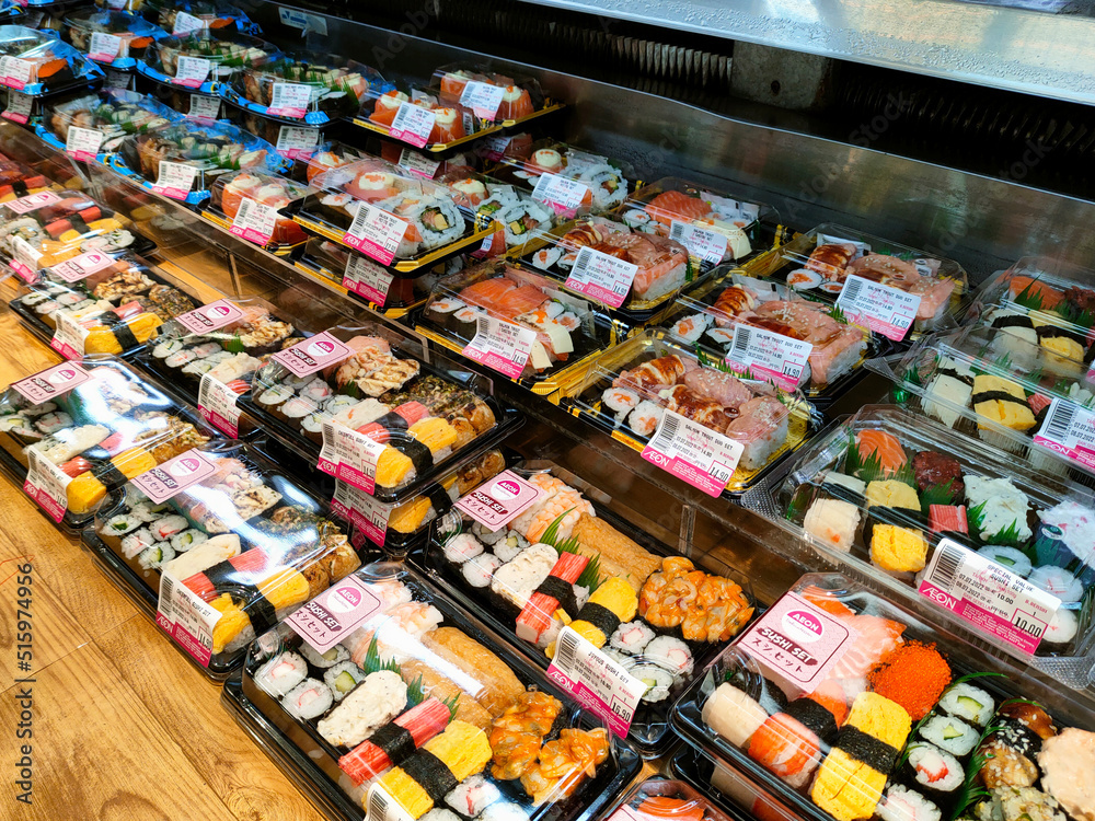 SELANGOR, MALAYSIA -MAY 2: Various types of Japanese sushi ready in ...