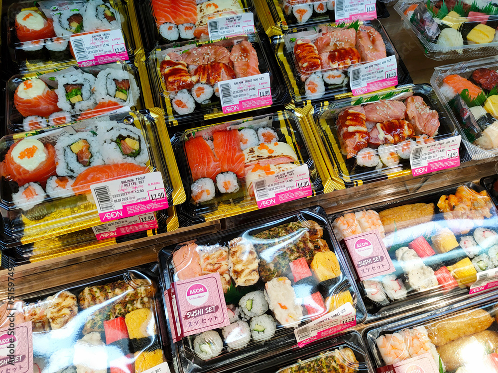 SELANGOR, MALAYSIA -MAY 2: Various types of Japanese sushi ready in ...