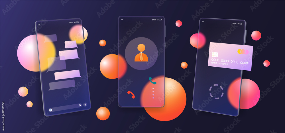 Glass phone app interface. Mobile glassmorphism frames for smartphone ...