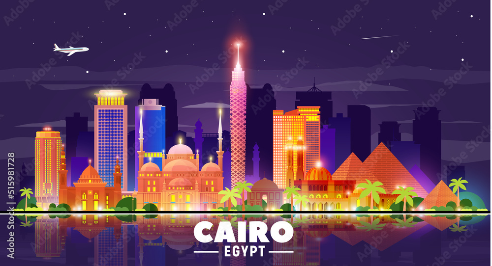 Cairo (Egypt) night skyline at sky background. Flat vector illustration ...