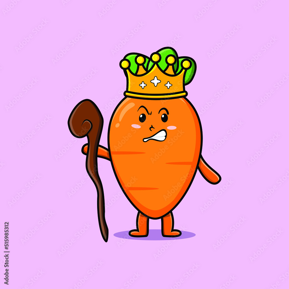 Cute cartoon carrot mascot as wise king with golden crown and wooden ...