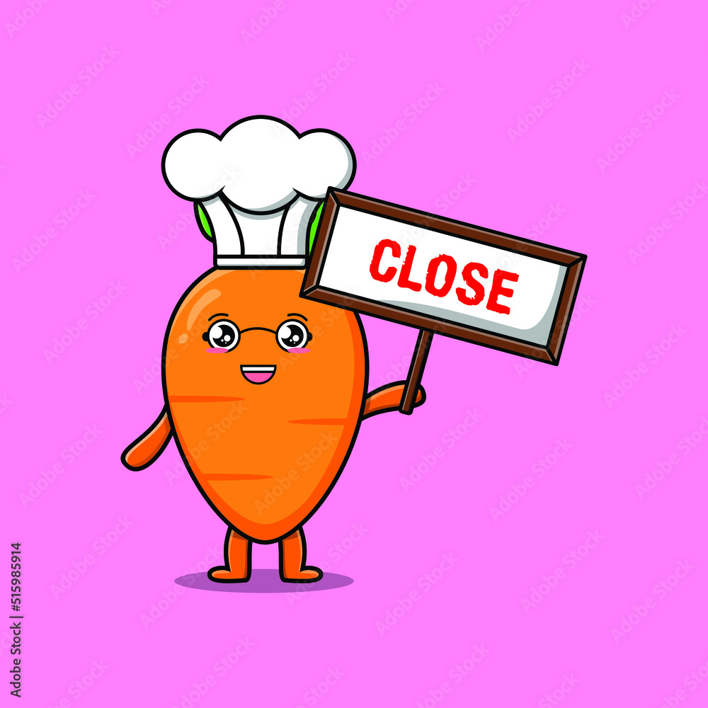 Cute cartoon carrot chef character holding close sign board designs in ...