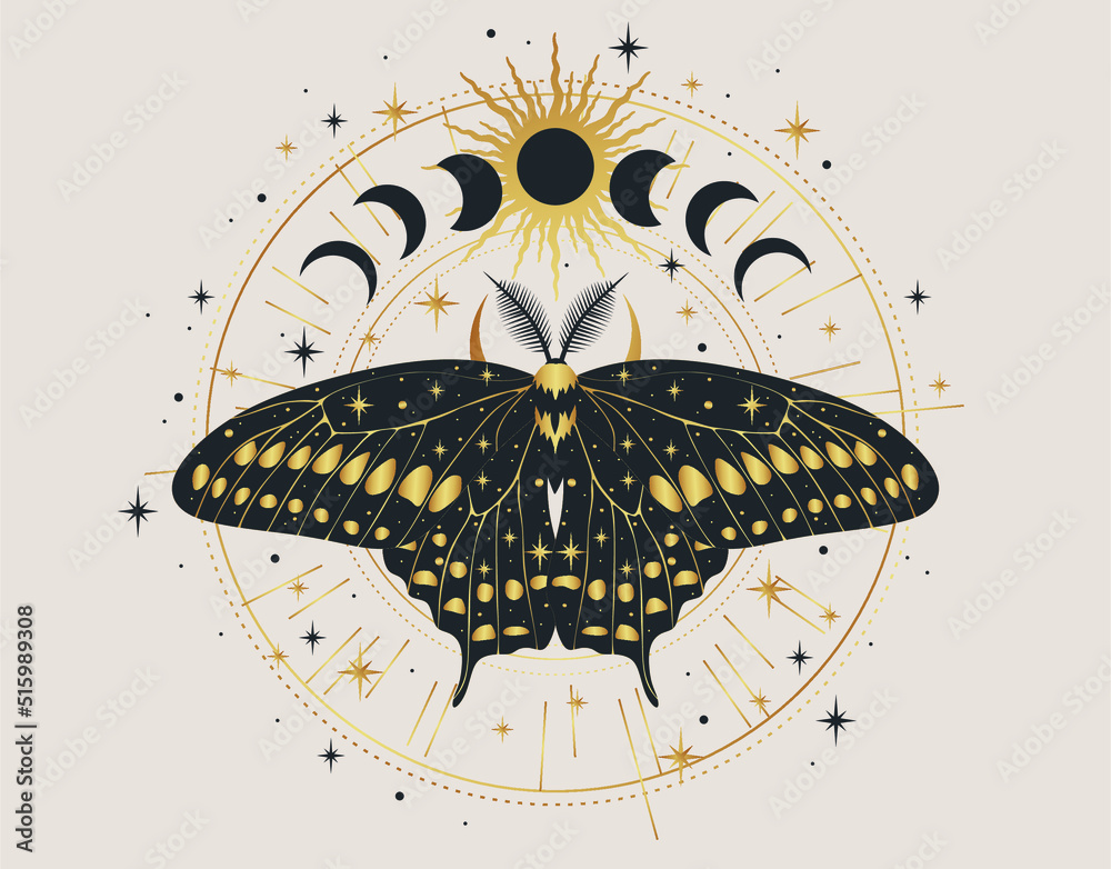 Mystic gold moth isolated vector illustration. Magic moon, occult ...