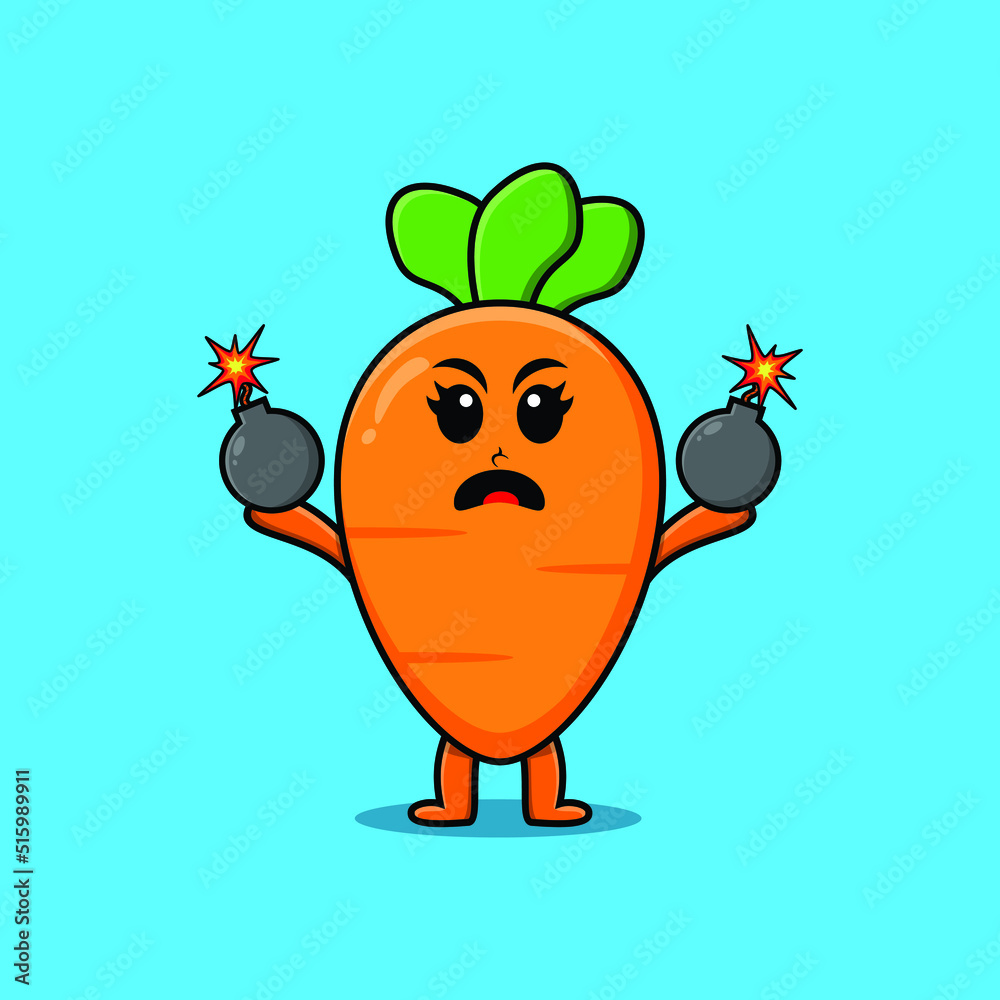 Cute cartoon carrot holding bomb with scared expression in flat modern ...