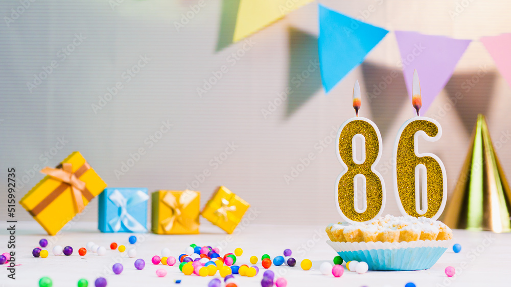 Happy birthday card from candles with the number 86, golden numbers ...