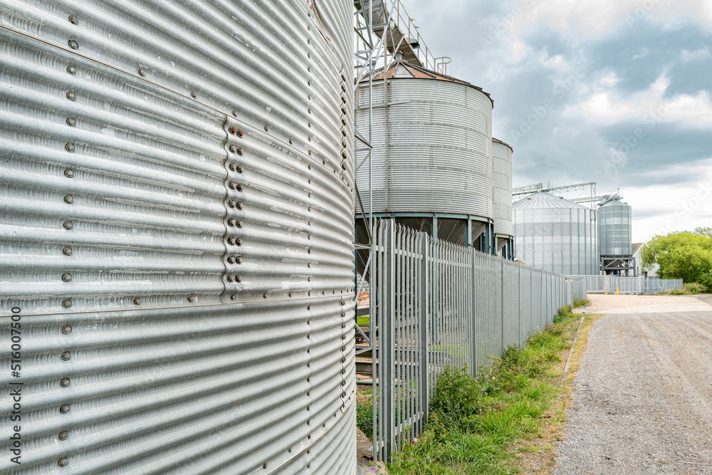 Close-up view of a metal grain silo showing the rivets and corrugated ...