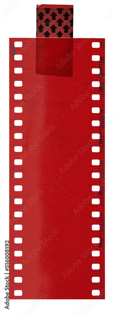 real red 35mm cine film strip fixed by single sticker on white ...