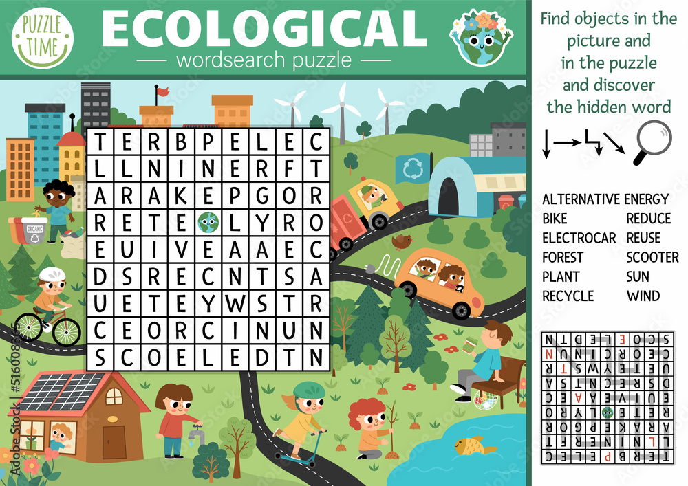 Vector ecological wordsearch puzzle for kids. Earth day word search ...