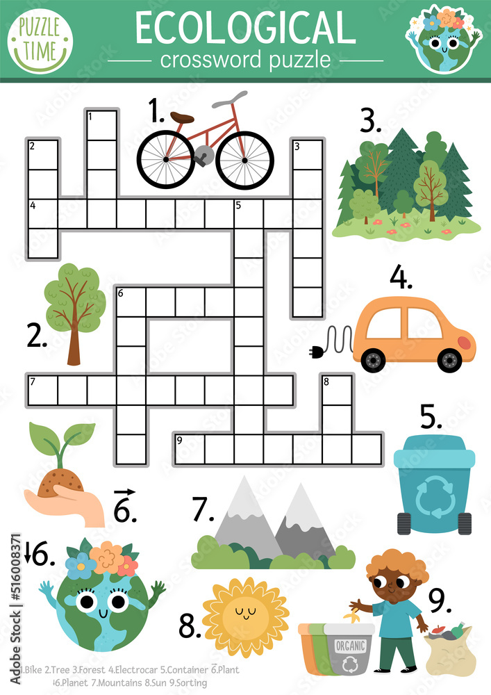 Vector ecological crossword puzzle for kids. Simple Earth day quiz with ...
