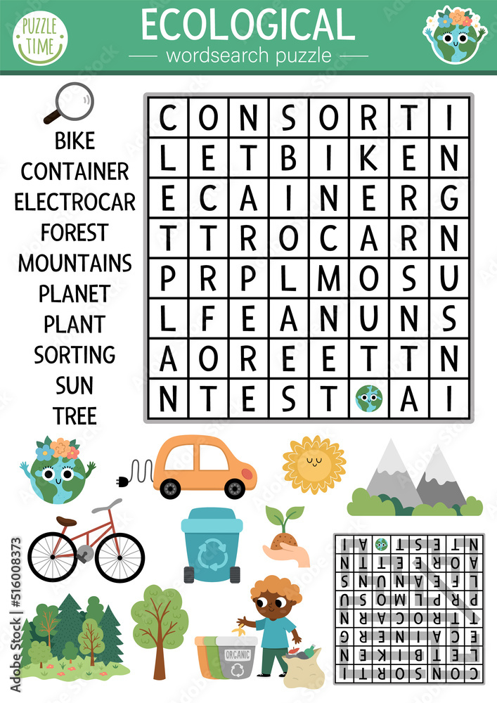 Vector ecological wordsearch puzzle for kids. Earth day word search ...