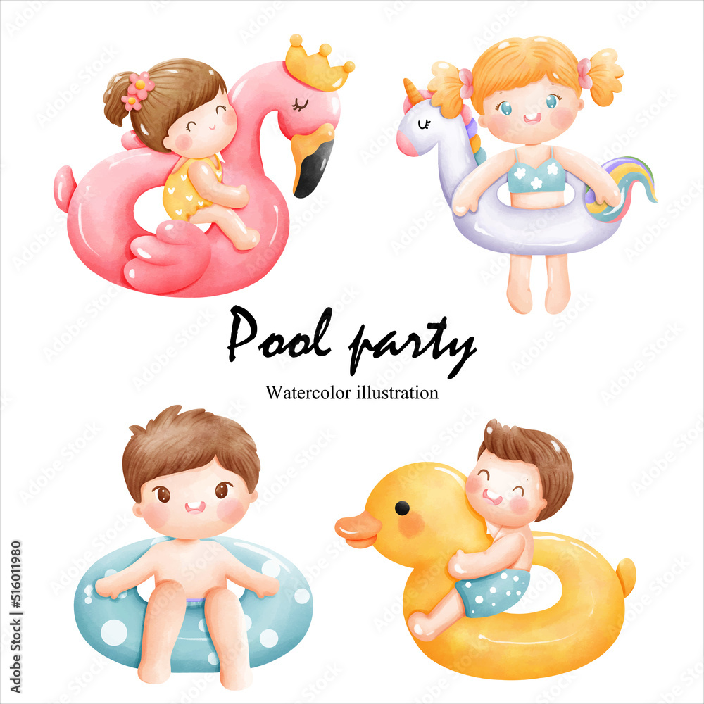 Watercolor pool party with cute children. vector illustration Stock ...