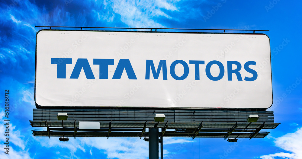 Advertisement billboard displaying logo of Tata Motors Stock Photo ...