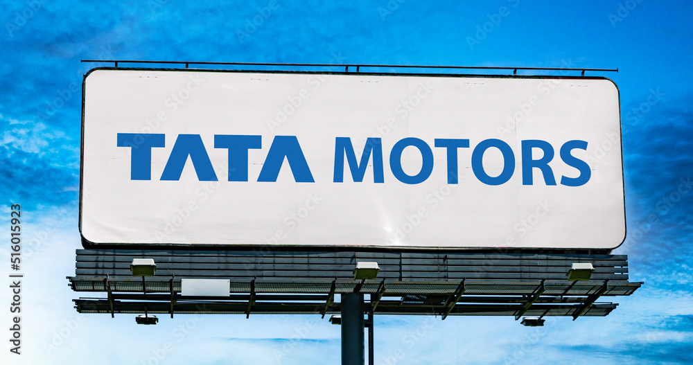Advertisement billboard displaying logo of Tata Motors Stock Photo ...
