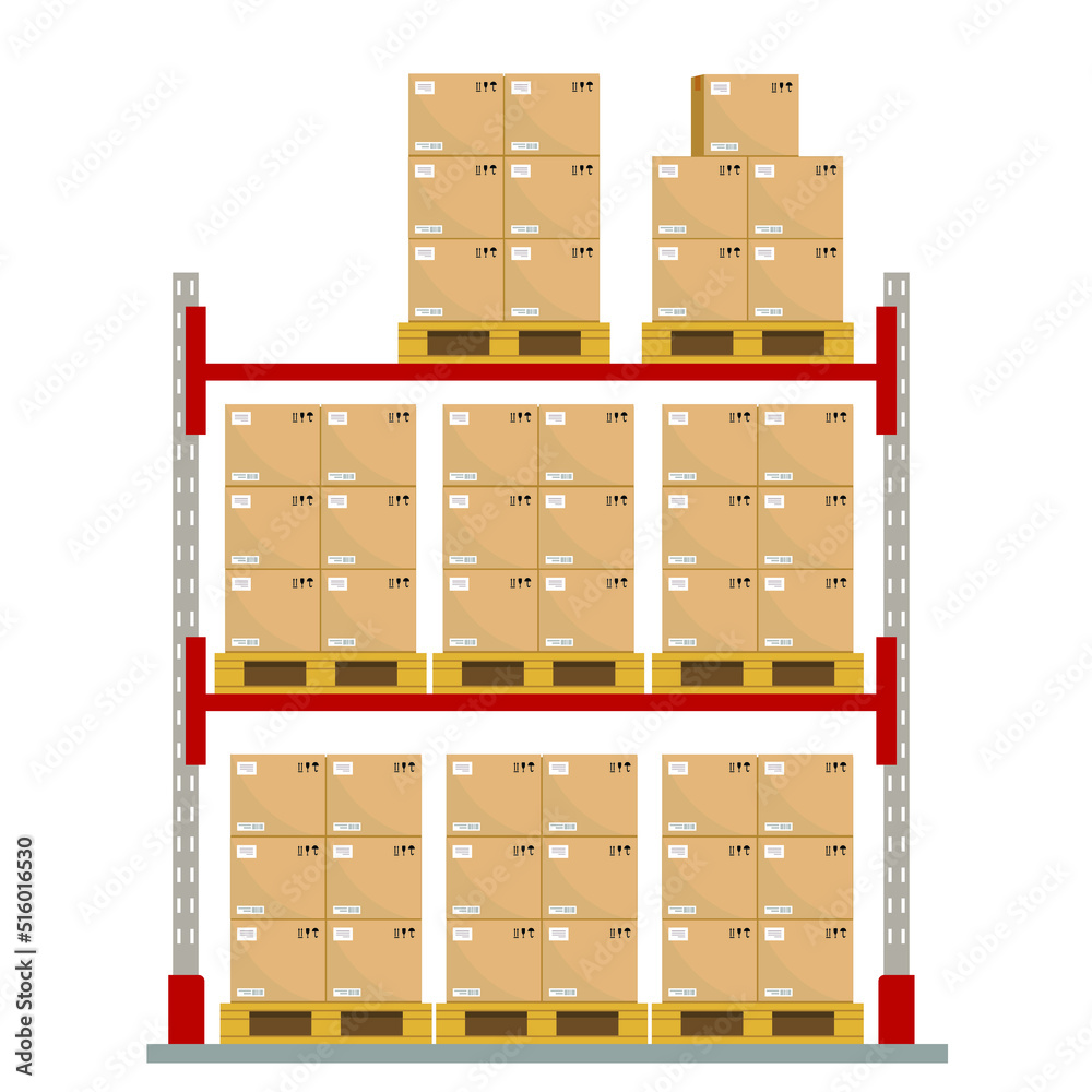 Metal racks for a warehouse with boxes on pallets. Flat design, front view. Vector illustration ...