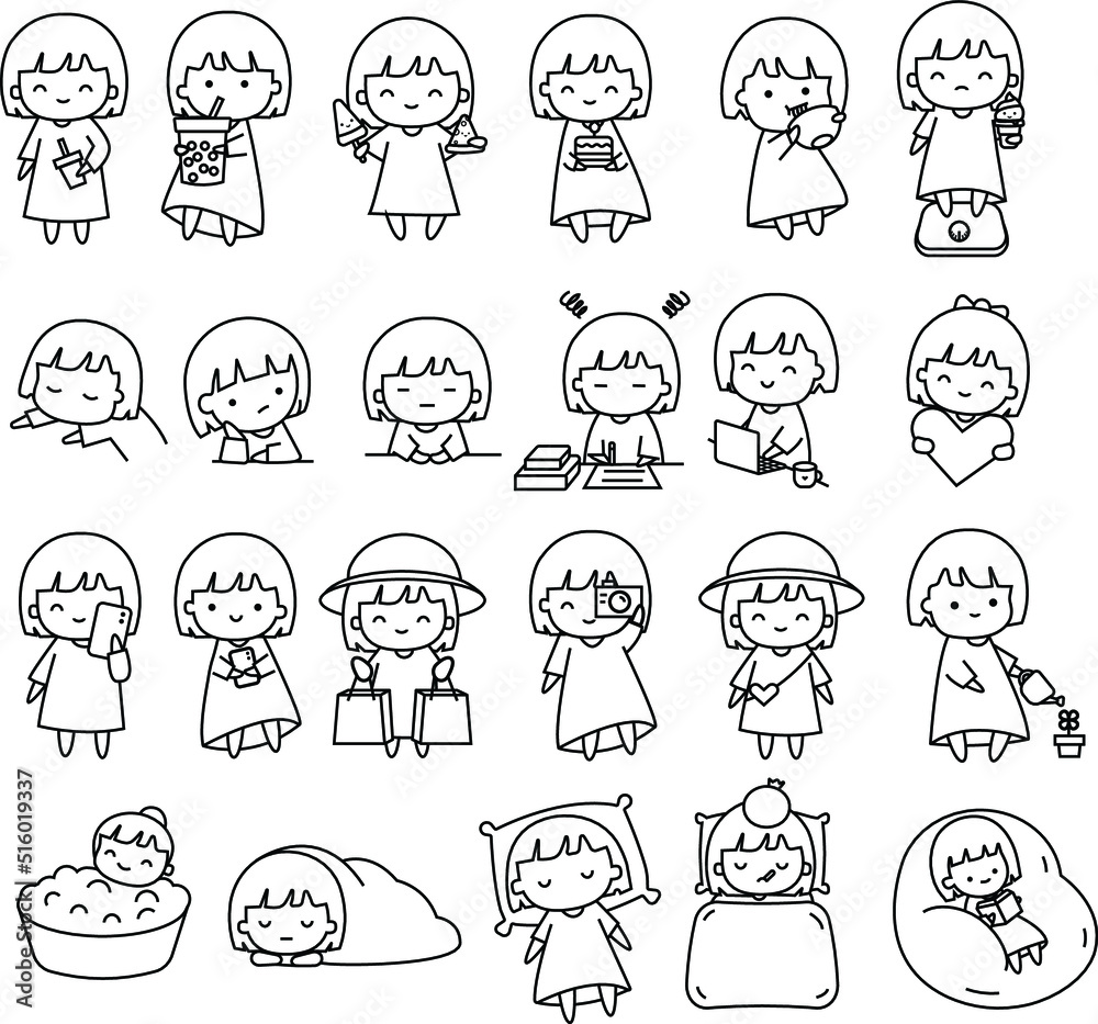 Big set cute girl cartoon character ,flat icon outline for sticker ...
