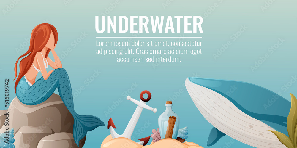 Mermaid, whale, anchor, treasure map bottle in the sand, underwater ...